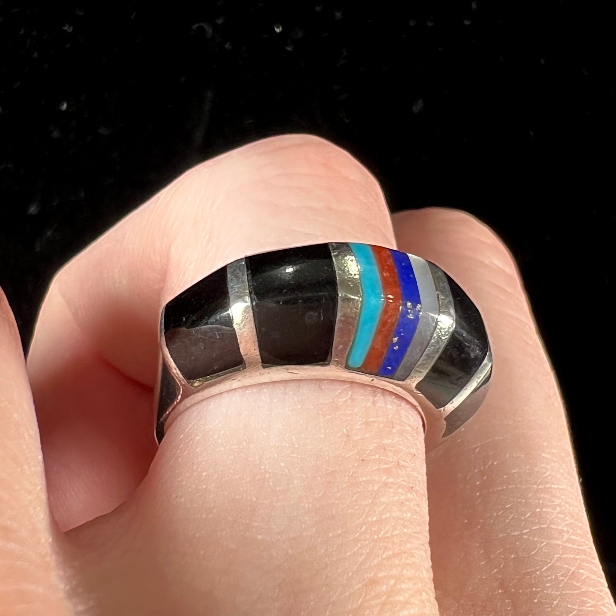 Estate Southwest Onyx, Turquoise, Coral, & Lapis Inlay Ring | Burton's ...